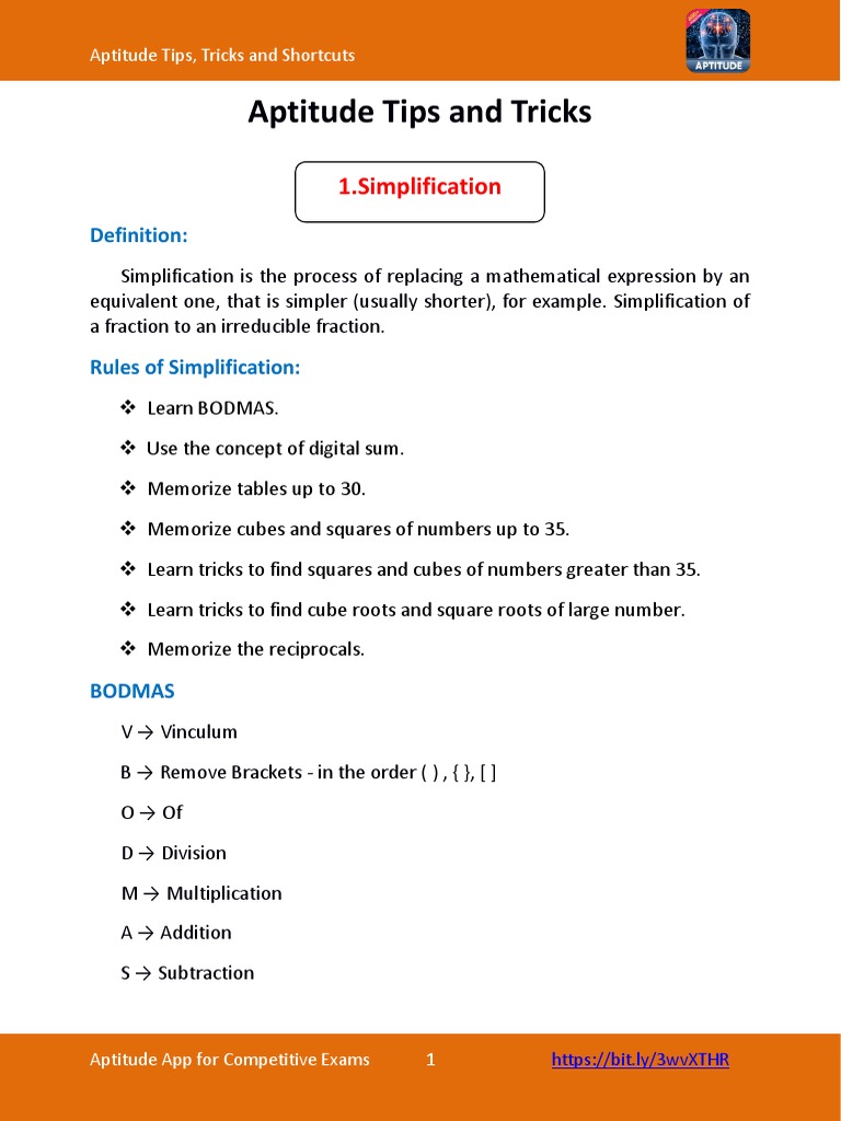 Aptitude Tips and Tricks: 1.simplification | PDF | Numbers | Mathematics