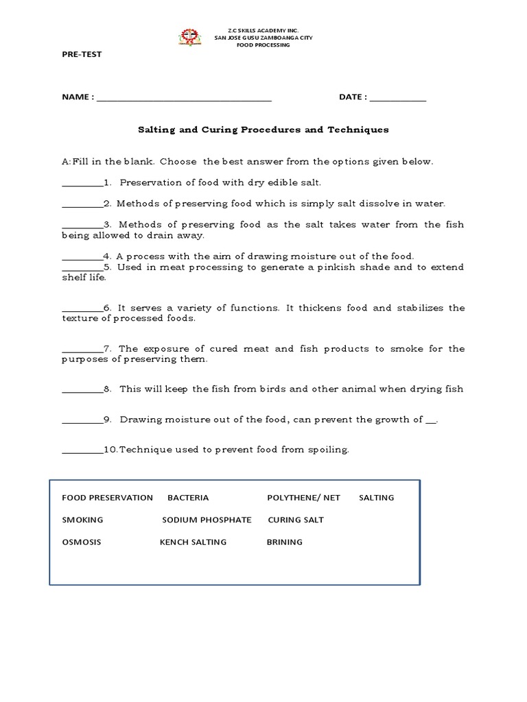 Pre Test Post Test | PDF | Curing (Food Preservation) | Food Preservation