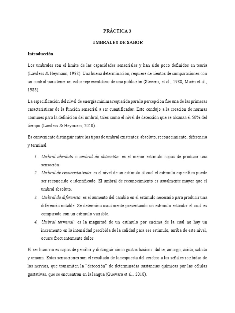 Umbrales de Sabor en Evaluación Sensorial | PDF | Comida y bebida ...