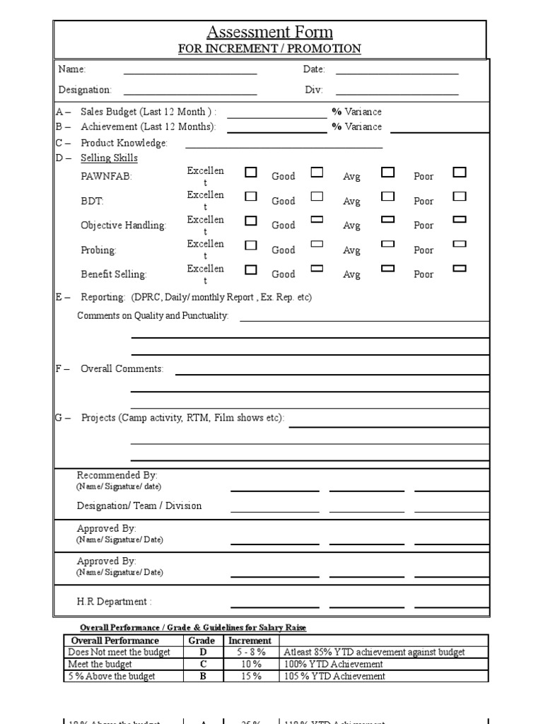 Increment and Promotion Assessment Form | PDF