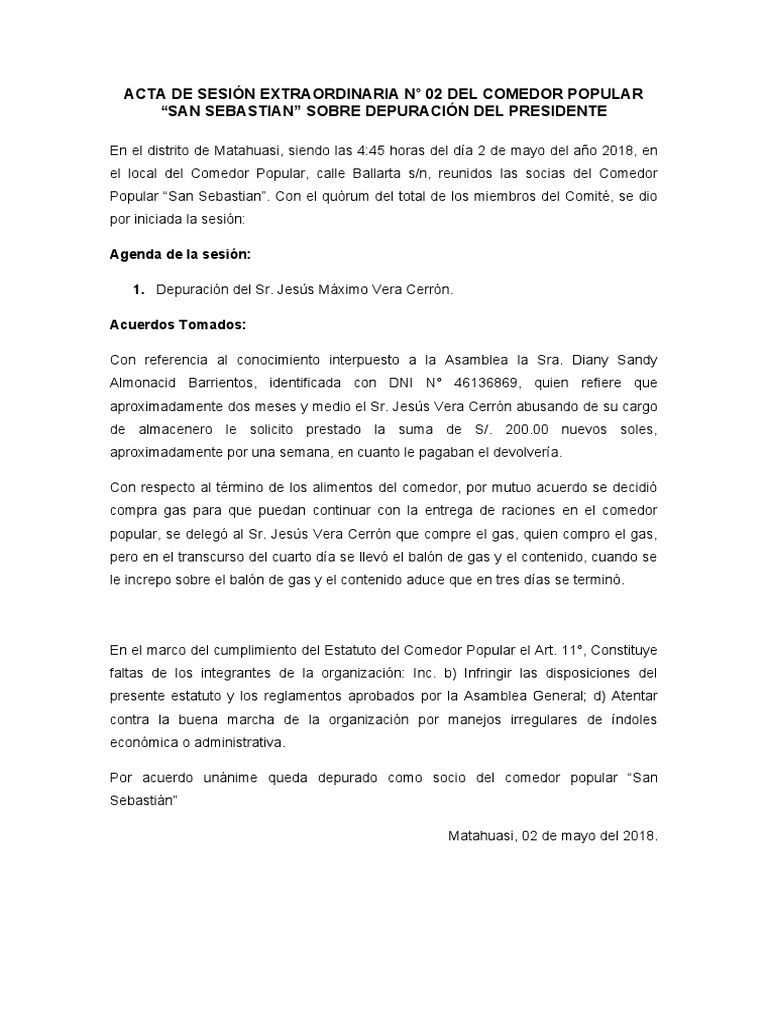 Acta de Sesión Extraordinaria- Comedor Popular | PDF