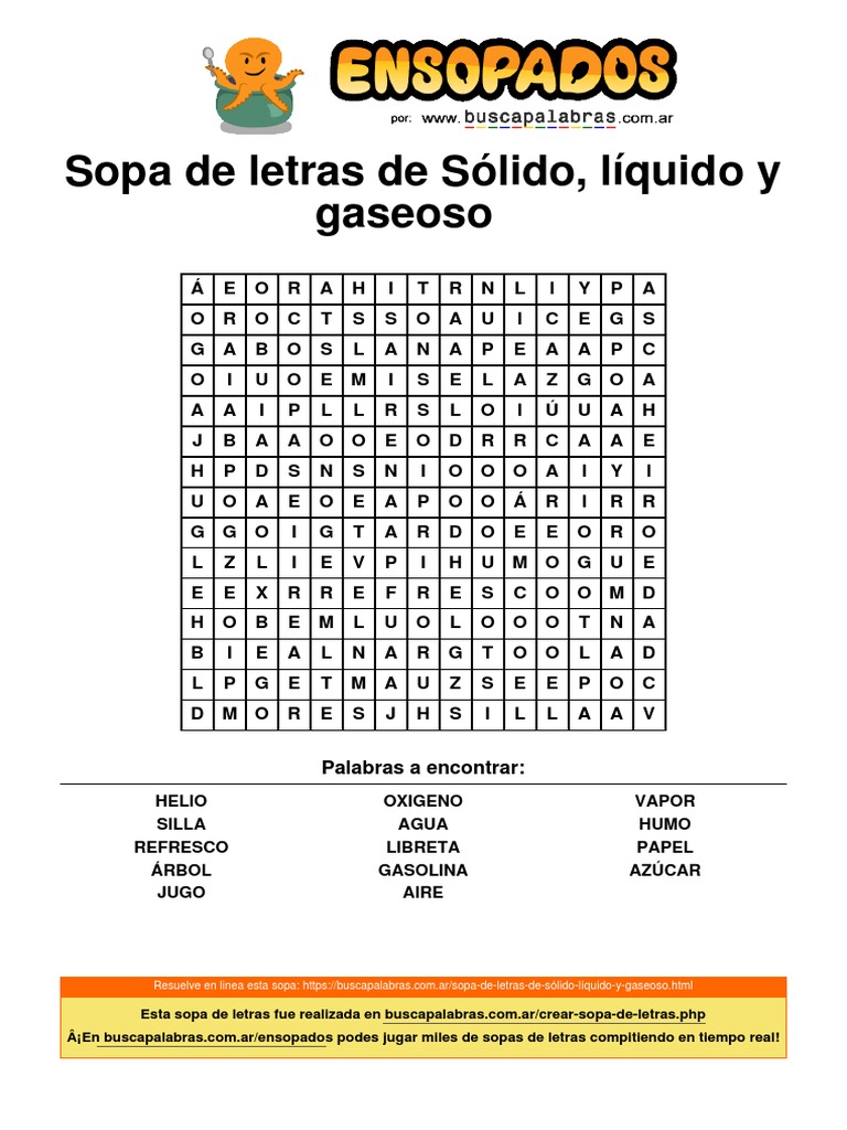 Sopa de Letras de Sólido Líquido y Gaseoso | PDF | Mecánica estadística ...