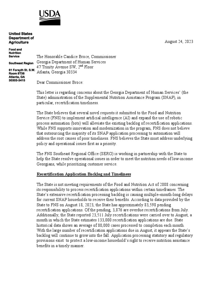 FNS Letter To Georgia DHS On SNAP | PDF | Supplemental Nutrition ...