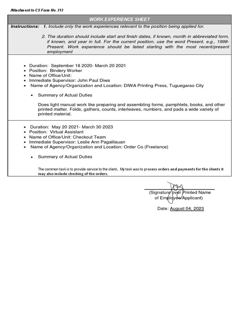 Work Experience Sheet | PDF