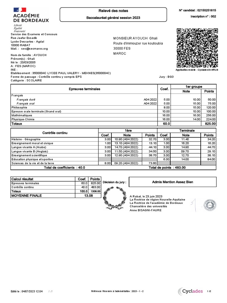 Releve de Notes 215025161500002 | PDF | France