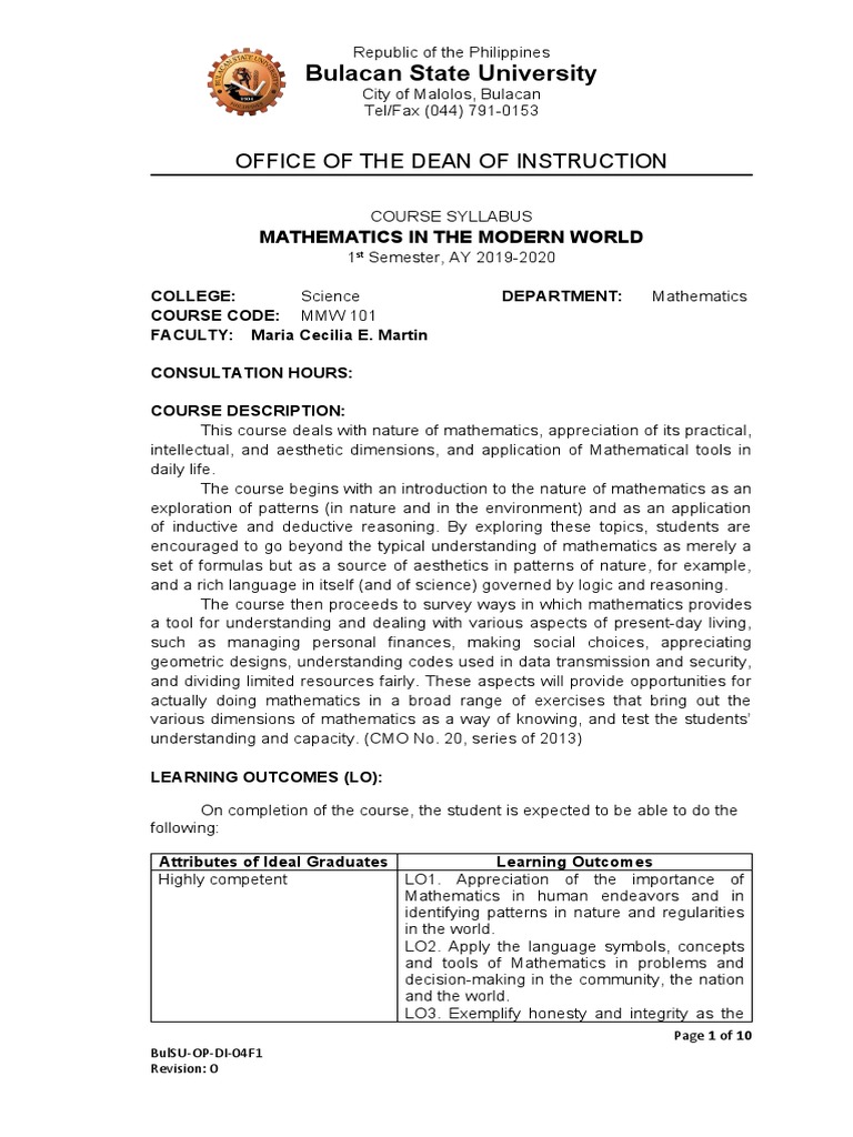 MMW Syllabus | PDF | Mathematics | Mean