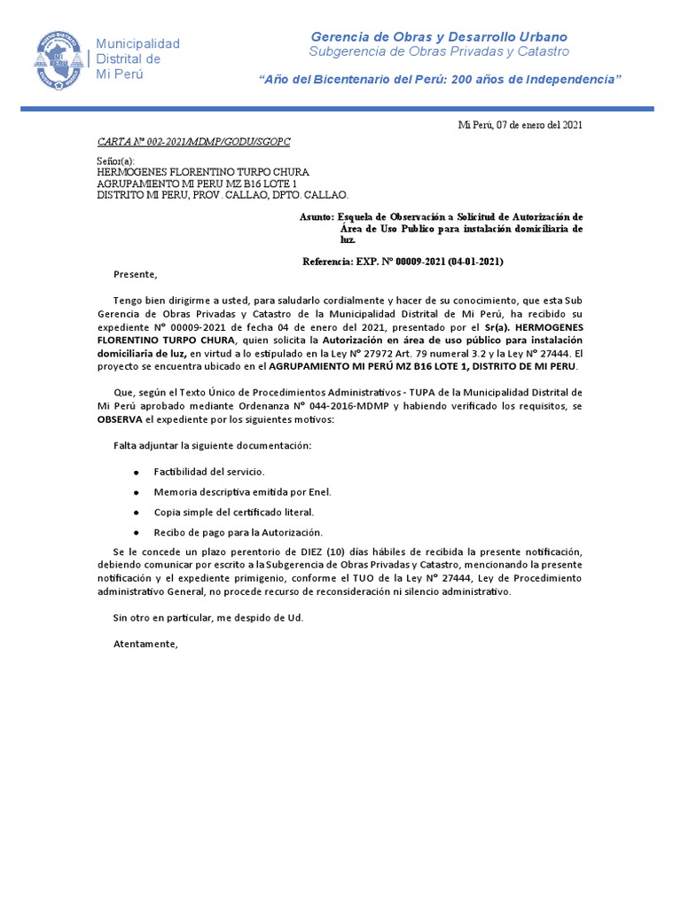 CARTA #002-2021 Exp. 00009 HERMOGENES FLORENTINO TURPO CHURA (Obs. de Autorizacion para Inst. de ...