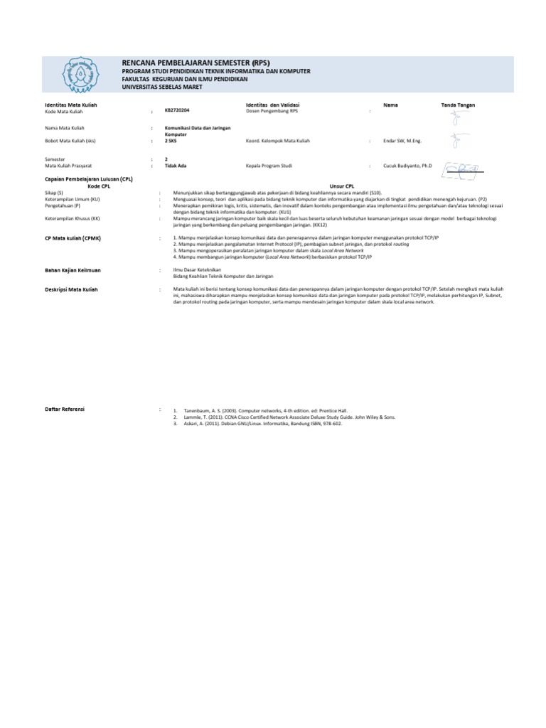 RPS Komunikasi Data Dan Jaringan Komputer-2021 | PDF