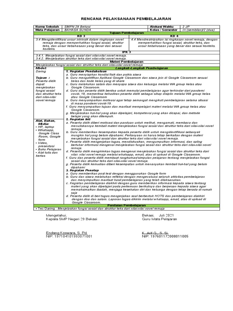 RPP Bahasa Sunda Kelas 9 Bab 1 Semester 2 Daring | PDF