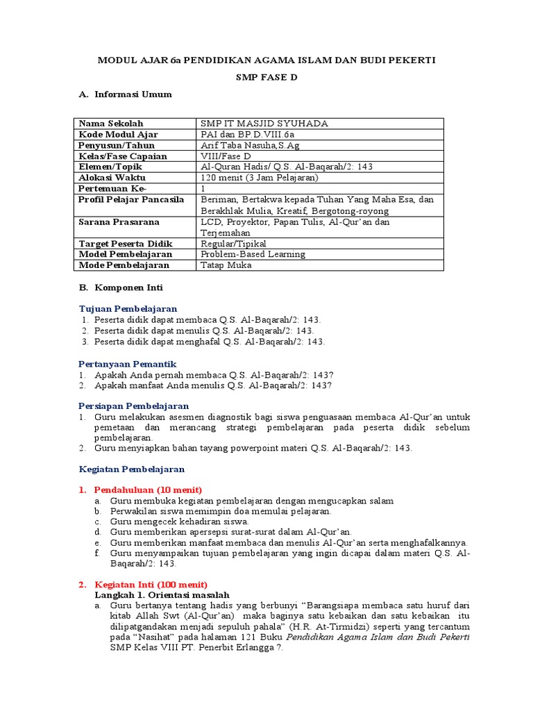 MODUL AJAR PAI DAN BP SMP KELAS VIII BAB 6-Arif Taba-Smpit Masjid Syuhada | PDF