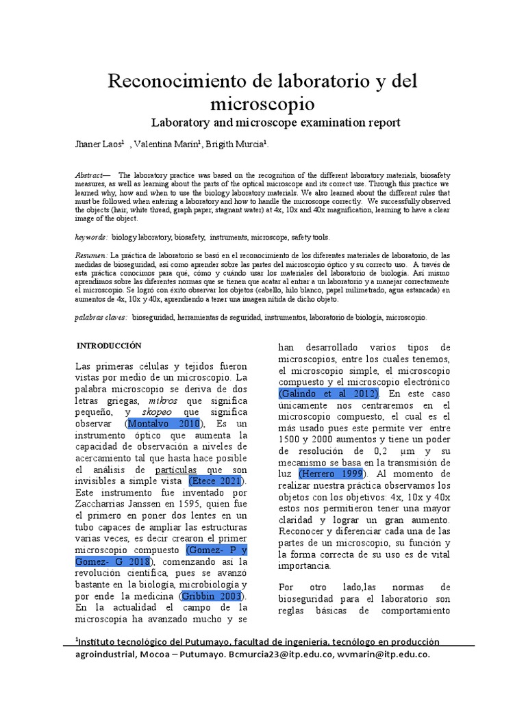 Informe Laboratorio Biologia 1 | PDF | Laboratorios | Microscopio