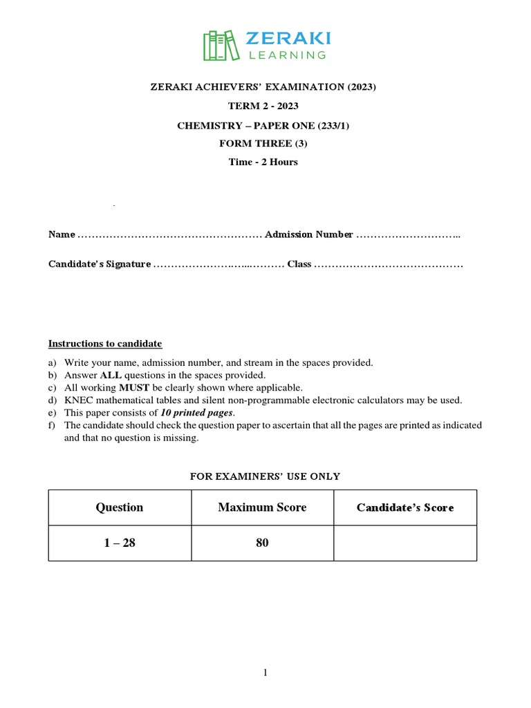 Chemistry Paper 1 Question Paper Zeraki Achievers 10.0 July 2023 | PDF | Acid | Hydroxide