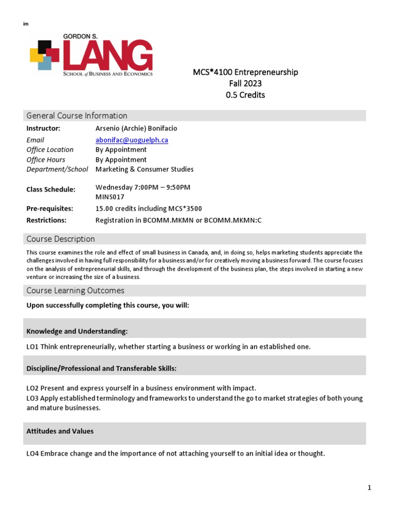 MCS4100 F23 Course Outline BONIFACIO | PDF | Entrepreneurship ... MCS4100 F23 Course Outline BONIFACIO | PDF | Entrepreneurship ...