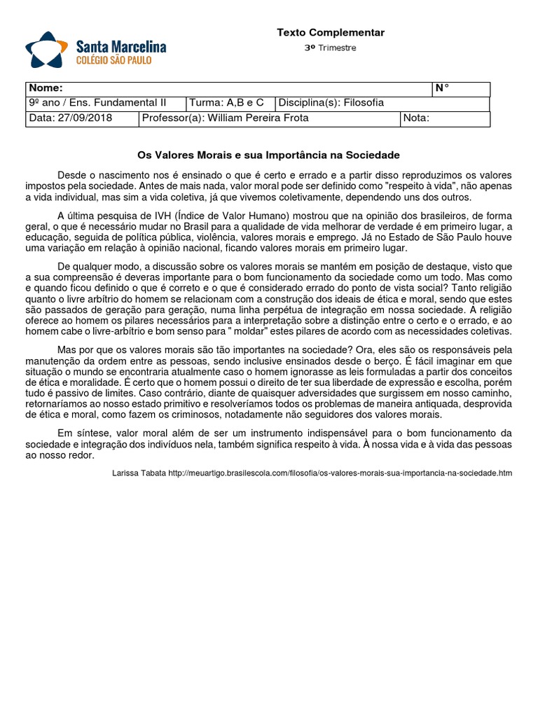 Texto Complementar2 9ano Valores Morais | PDF | Moralidade | Estética