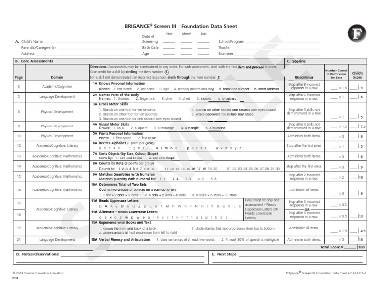 Brigance Screen III - Foundation Data Sheet | PDF | Letter Case | Cognition