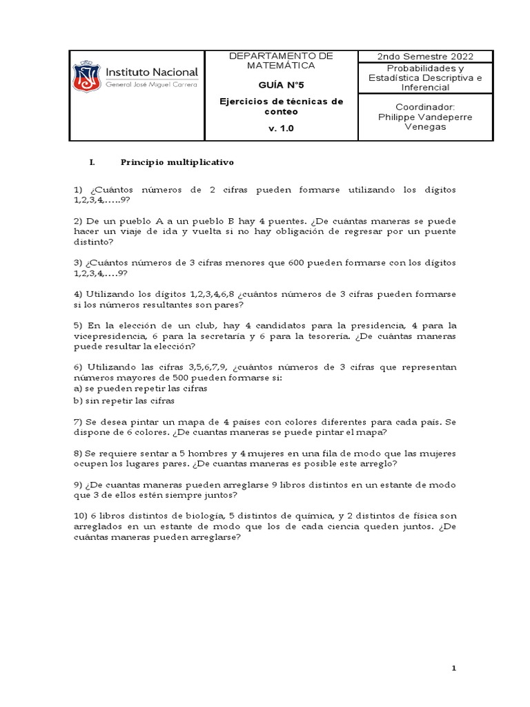 Guía N°5 - Ejercicios de Técnicas de Conteo | PDF