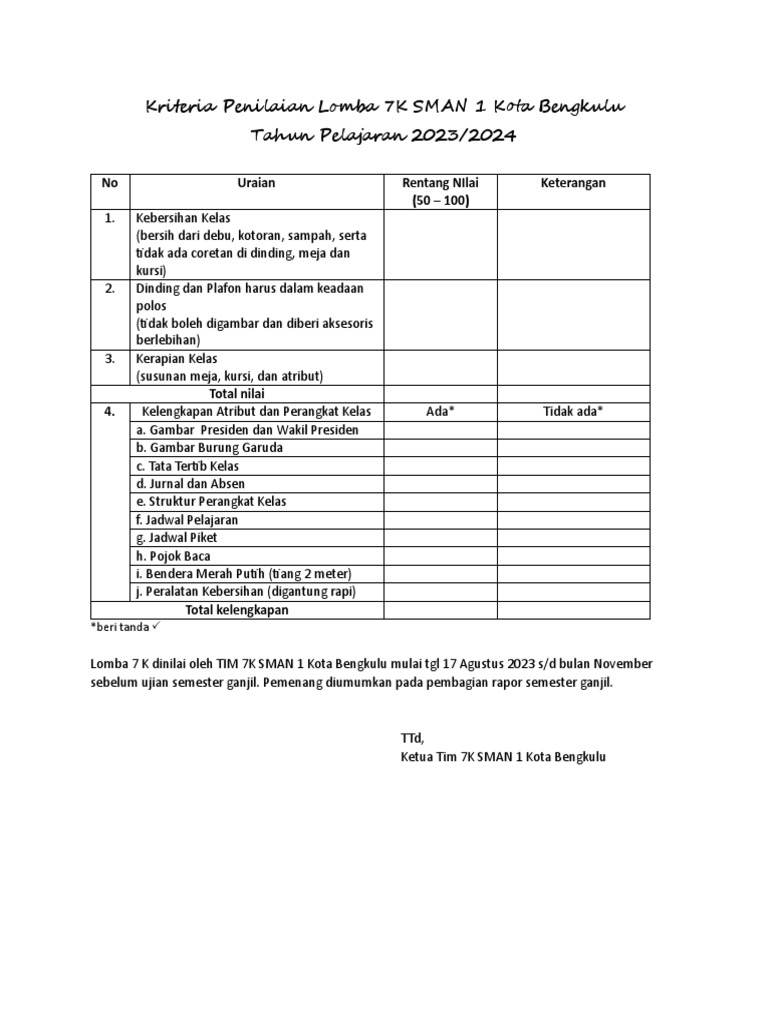 Kriteria Penilaian Lomba 7K Tiap Kelas | PDF