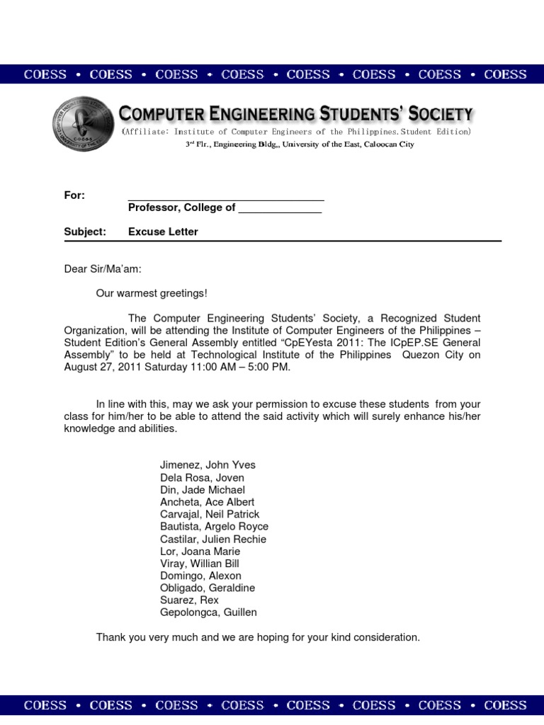 Excuse Letter For Icpep GA Wnames | PDF | Career & Growth