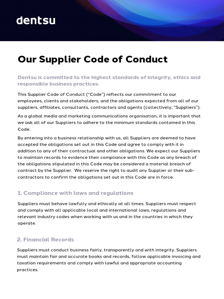 Supplier Code of Conduct | PDF | Employment | Conflict Of Interest
