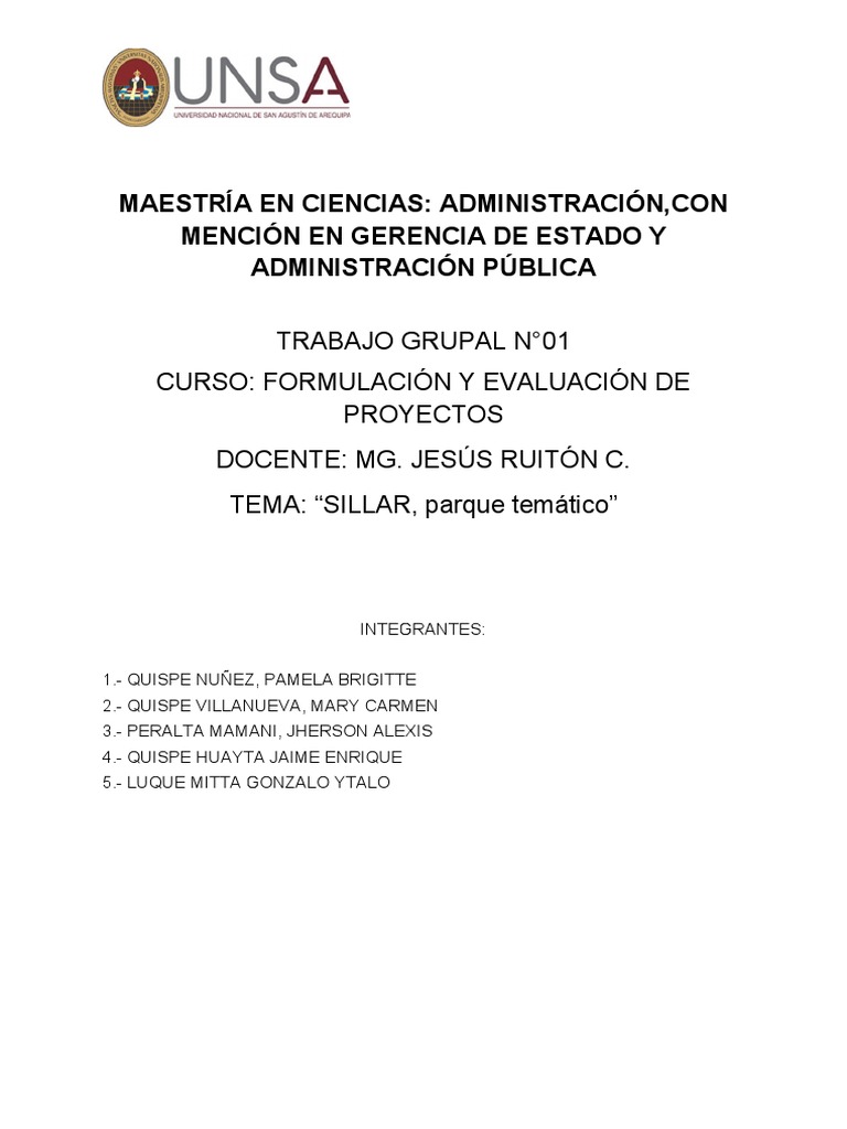 Unsa Trabajo Grupal N°01 Formulacion y Ev. Proyectos | PDF | Business | Turismo