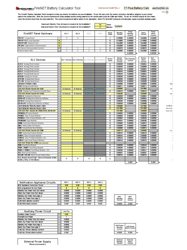 FireNET Plus Battery Calculator Guide | PDF | Input/Output | Power Supply