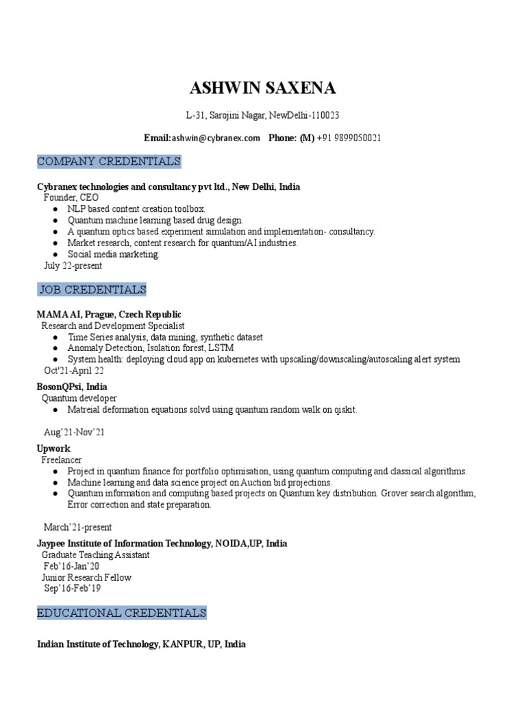 CV - Ashwin | PDF | String Theory | Quantum Computing