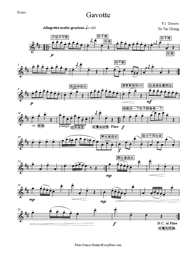 Gossec - Gavotte - Flute With Notes | PDF | Compositions musicales ...