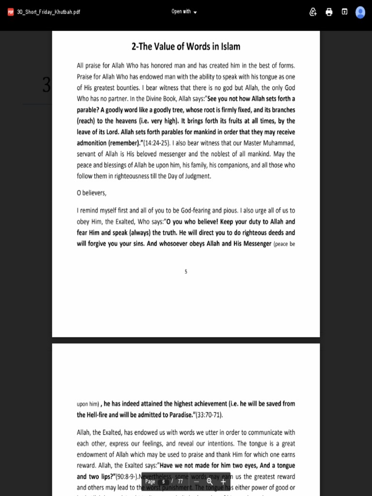Short Friday Khutbah on the Power of Words | PDF | Allah | Heaven