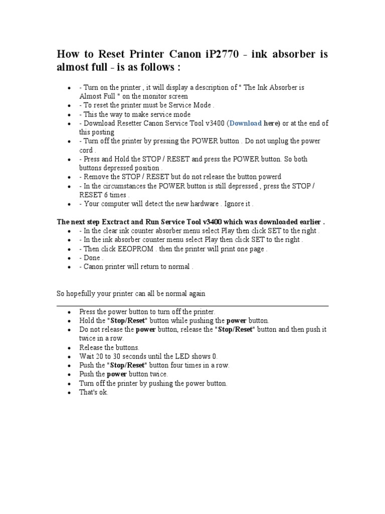 How To Reset Printer Canon Ip2770 | PDF | Computers