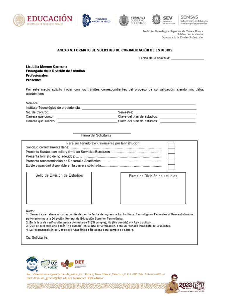 Anexo V Solicitud de Convalidación | PDF