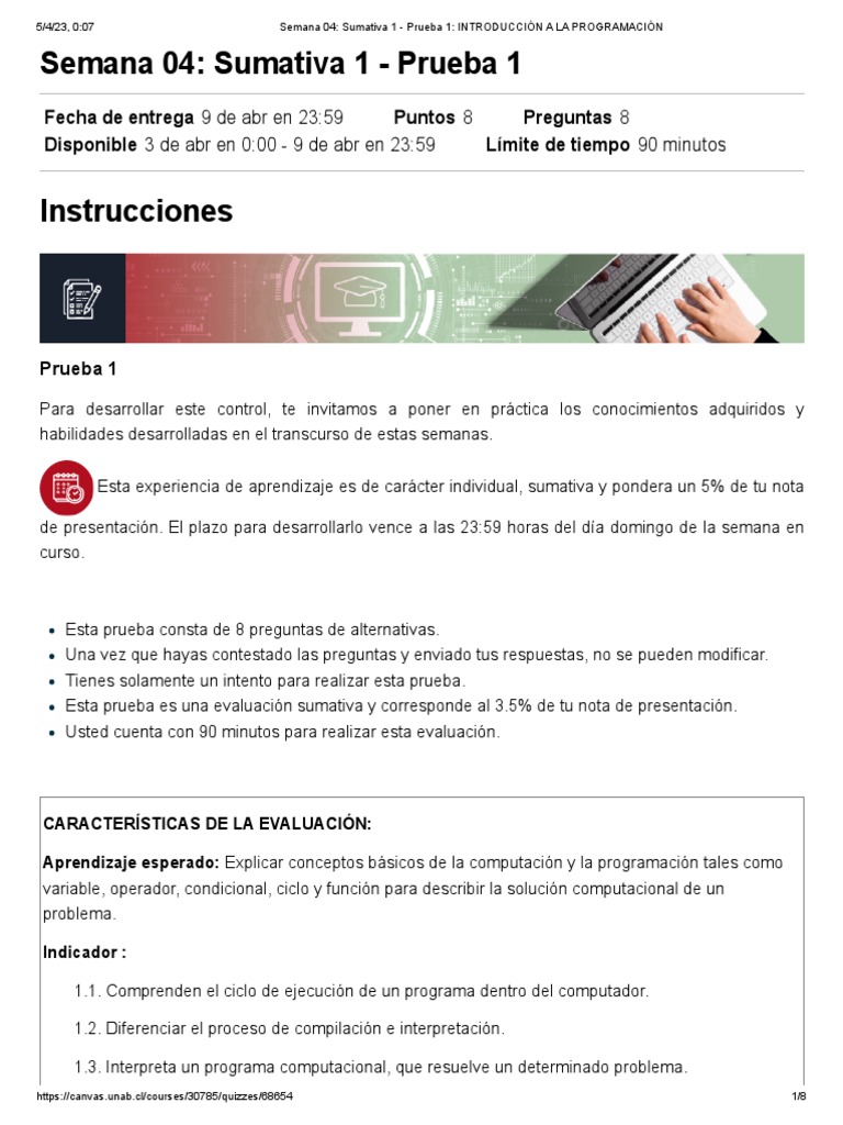 Semana 04 - Sumativa 1 - Prueba 1 - INTRODUCCIÓN A LA PROGRAMACIÓN - PDF RFS | PDF ...