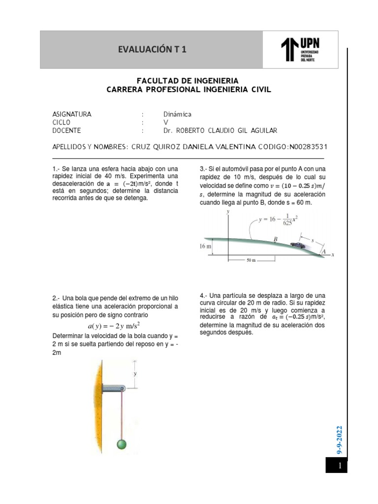 Evaluación T 1 2022-2 - Dinamica | PDF