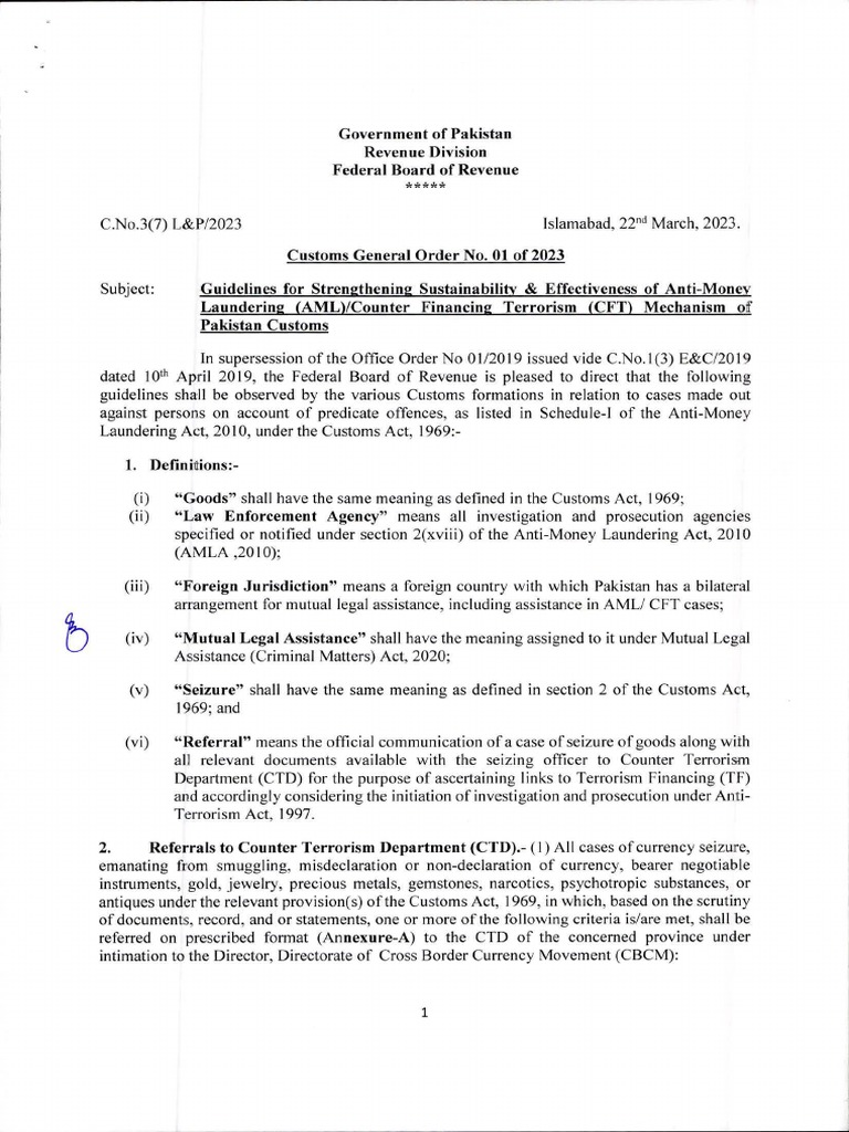 Custom General Order 01 of 2023 | PDF | Money Laundering | Government