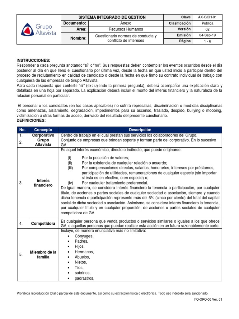 AX-GCH-01 Cuestionario Normas de Conducta y Conflicto de Intereses Ver 02 | PDF | Auditoría