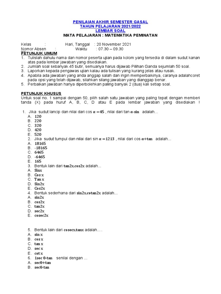 Penilaian Akhir Semester Gasal MTK Peminatan | PDF
