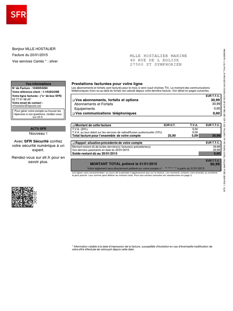 Facture forfaitaire SFR 01/2015 | PDF | Facture | Taxe sur la valeur ...