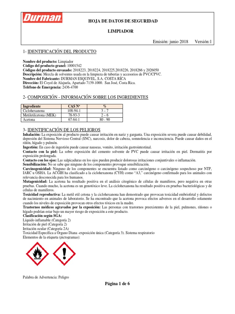 Ficha Técnica FDS LIMPIADOR | PDF | Agua | Solvente