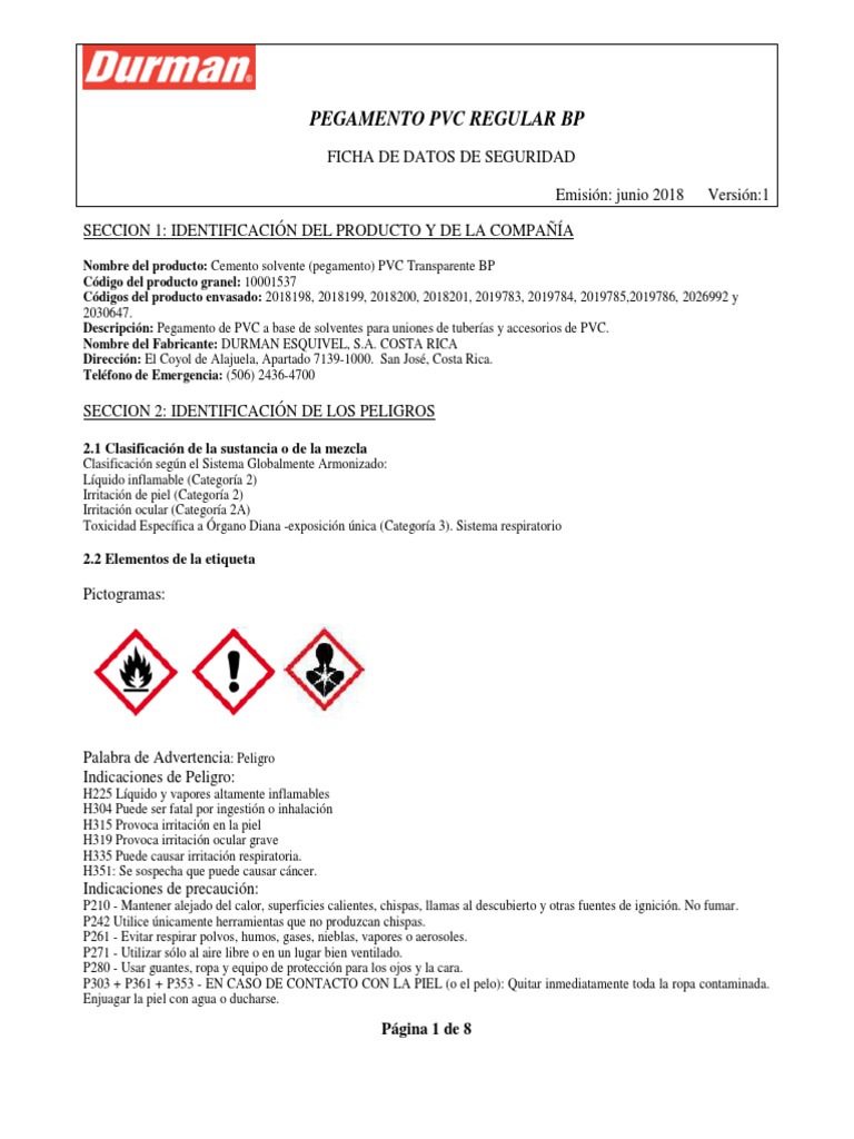 Ficha de Seguridad: Pegamento PVC Inflamable | PDF | Solvente | Agua