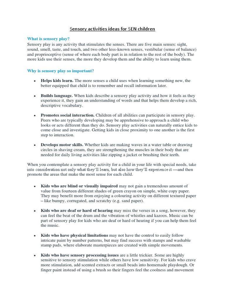 Sensory Play Ideas for SEN Children | PDF | Senses | Neuropsychological ...