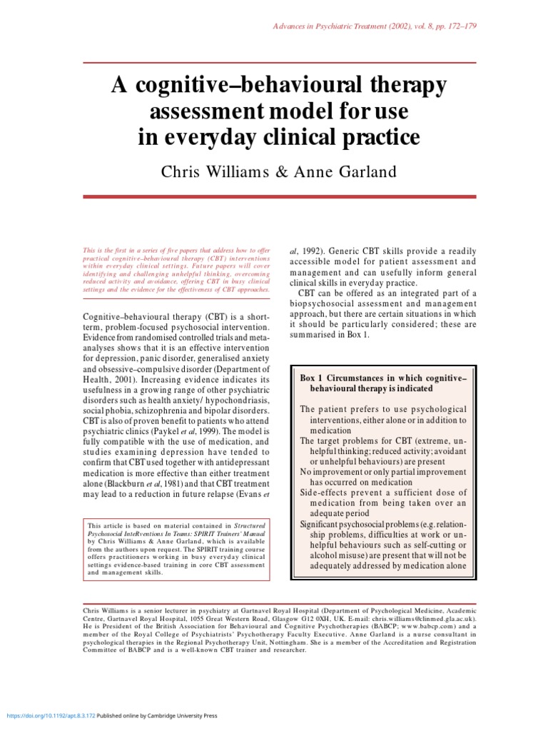 A Cognitive Behavioural Therapy Assessment Model For Use in Everyday ...