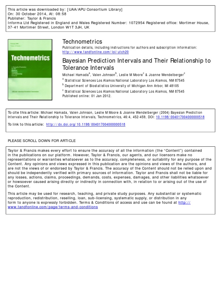 Hamada2004 Bayesian Prediction Intervals and Their Relationship To Tolerance Intervals | PDF ...