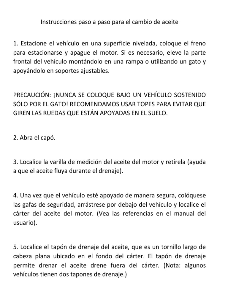 Instrucciones Paso A Paso para El Cambio de Aceite | PDF