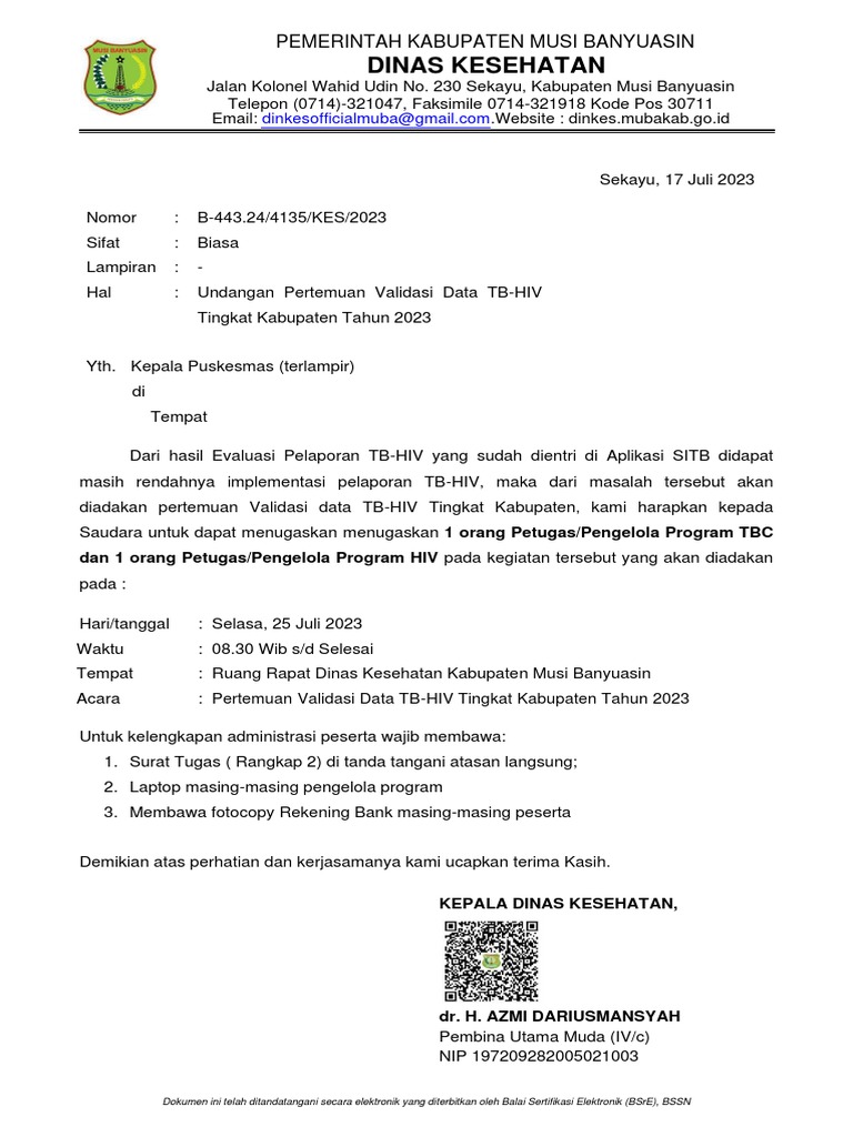 Undangan Pertemuan Validasi Data TB HIV Tingkat Kabupaten | PDF