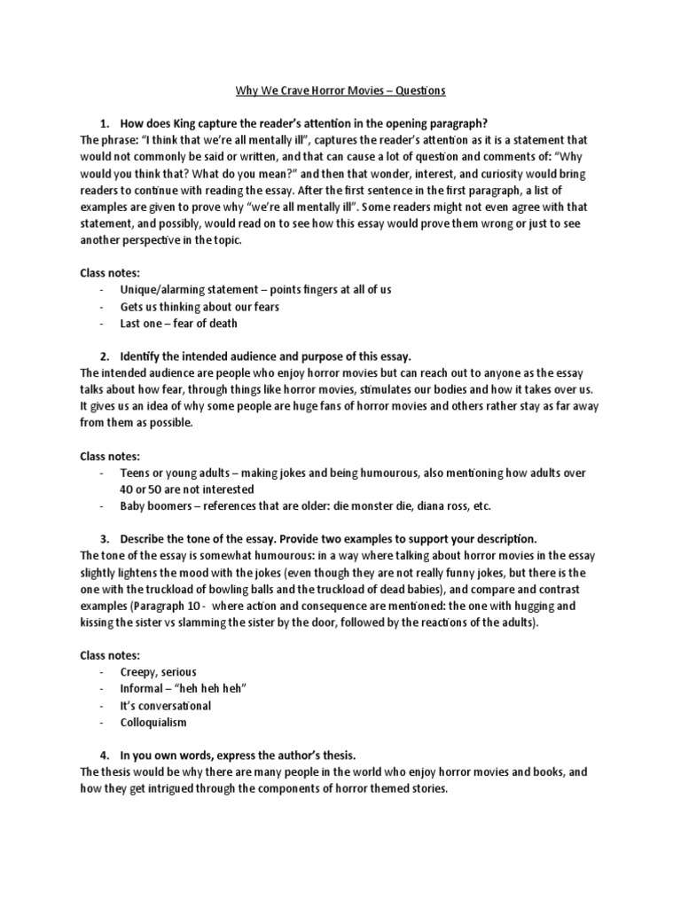 Why We Crave Horror Movies - Essay Analysis Questions | PDF | Essays ...