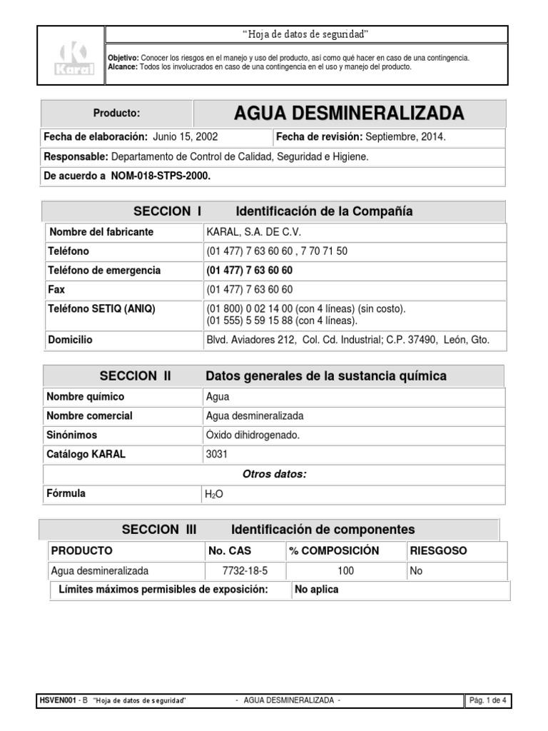 7 - AGUA DESMINERALIZADA - HsVen001 Hoja de Datos de Seguridad | Descargar gratis PDF | Agua ...