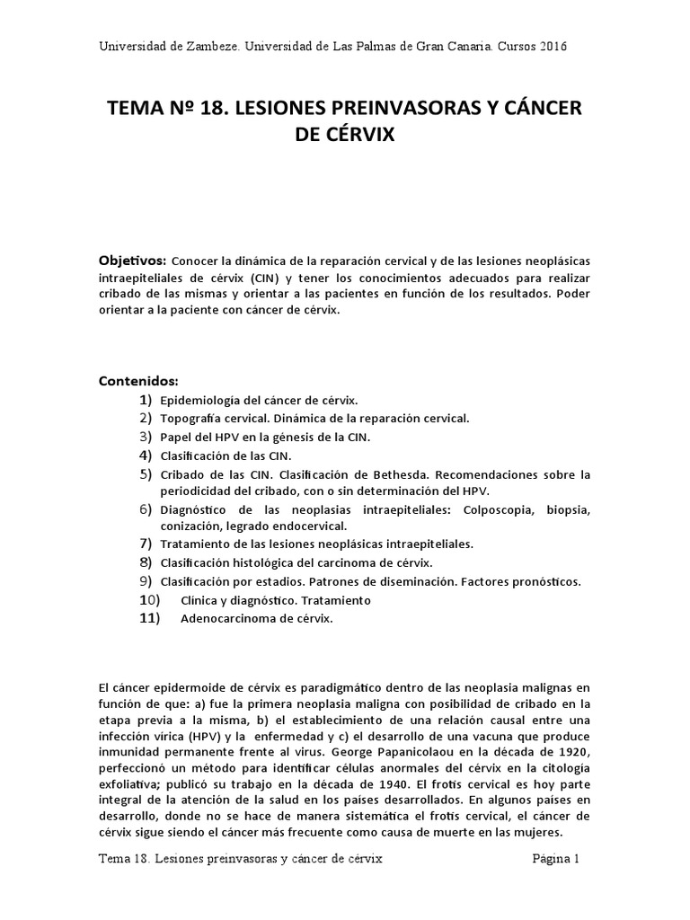 Tema 18. Lesiones Preinvasoras y Cáncer de Cérvix | PDF | Cáncer de cuello uterino | Cáncer