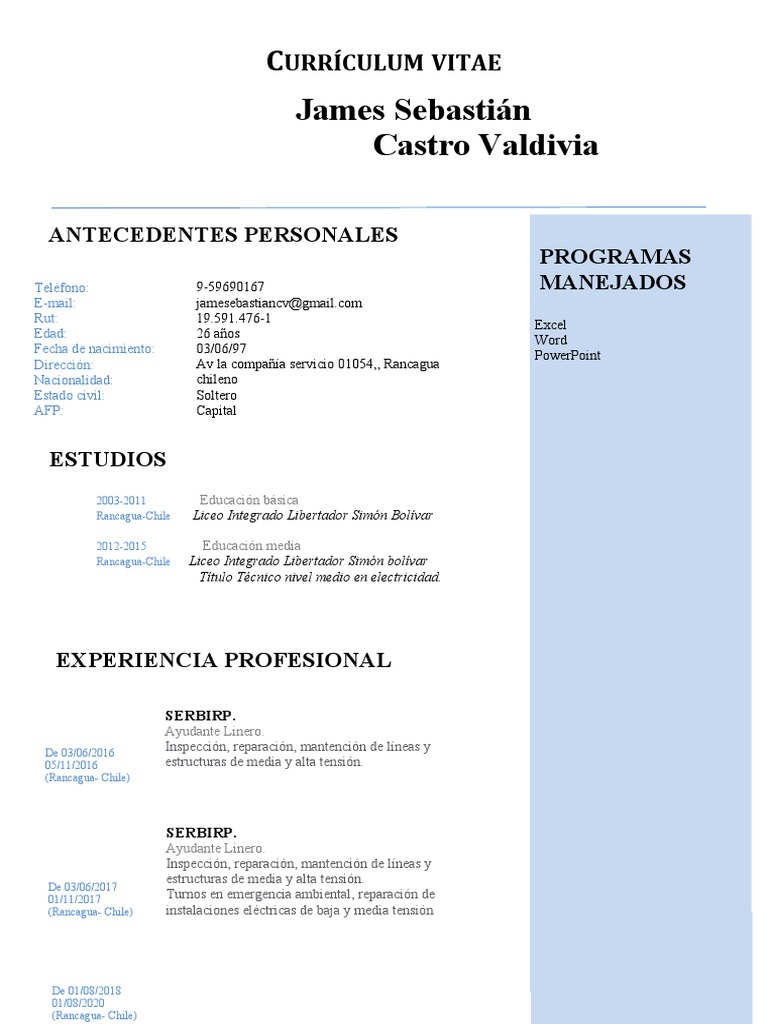 Curriculum James Castro | PDF | Chile | Electricidad
