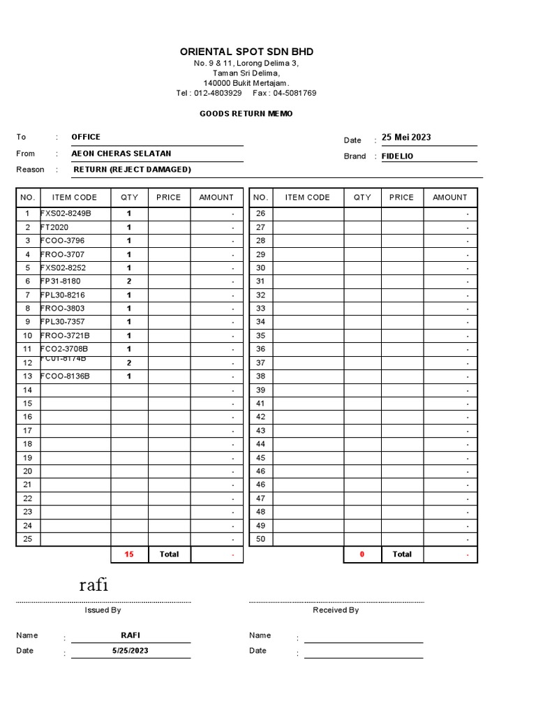 Goods Return Memo | PDF