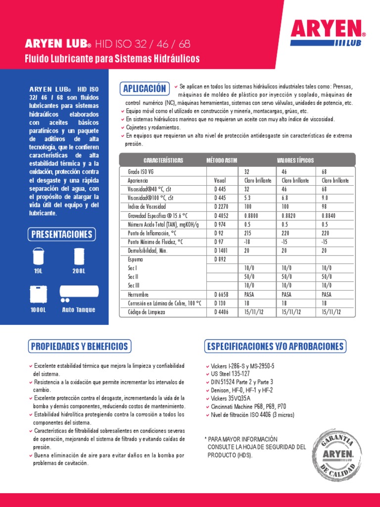 Ficha Aryen Iso 68 | PDF | Lubricante | Sector secundario de la economía