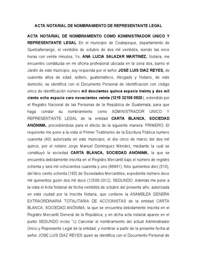 Acta Notarial De Nombramiento De Representante Legal Pdf